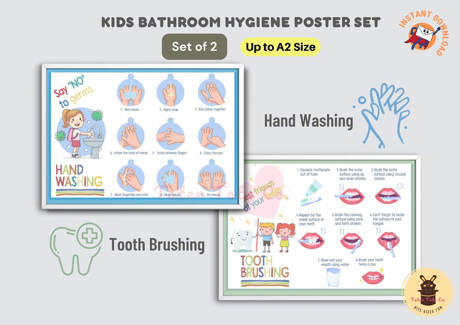 Tooth Brushing and Handwashing Guides Hygiene Poster Set Preschool ...