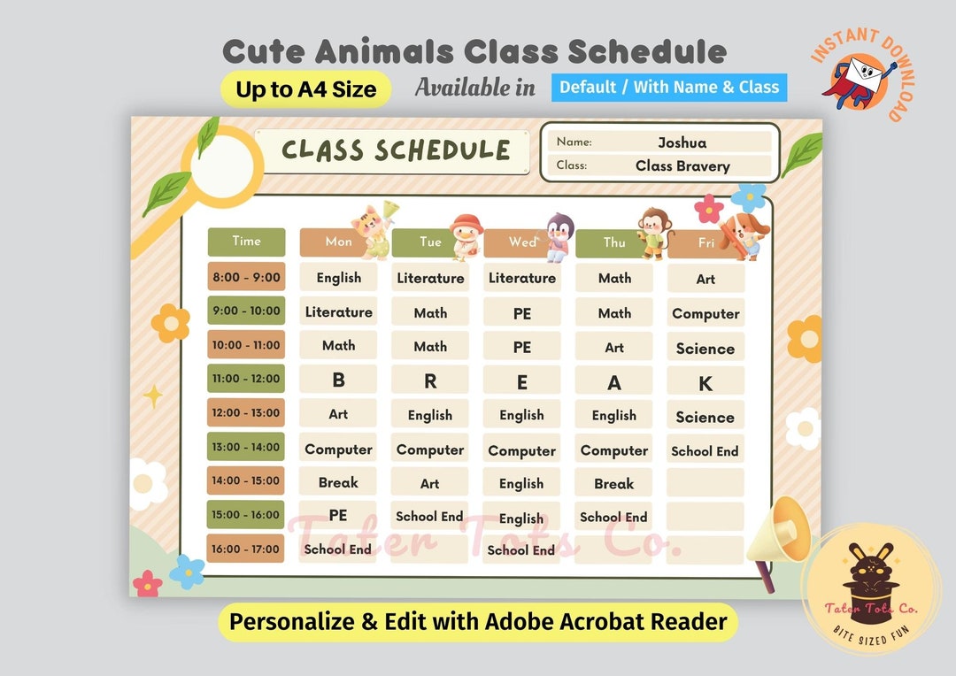 Cute Animals Class Schedule Weekly School Timetable Monday to Friday ...