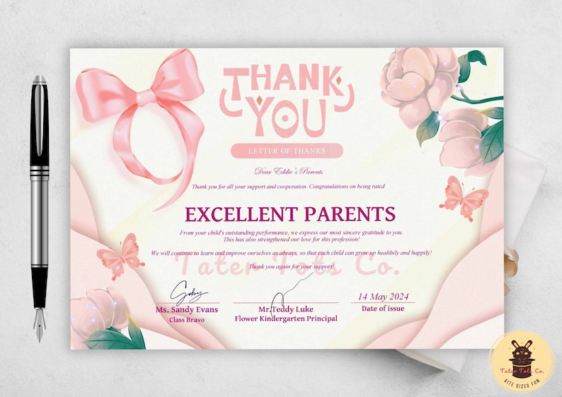 Parents Appreciation Thank You Letter and Awards Certificate for School ...