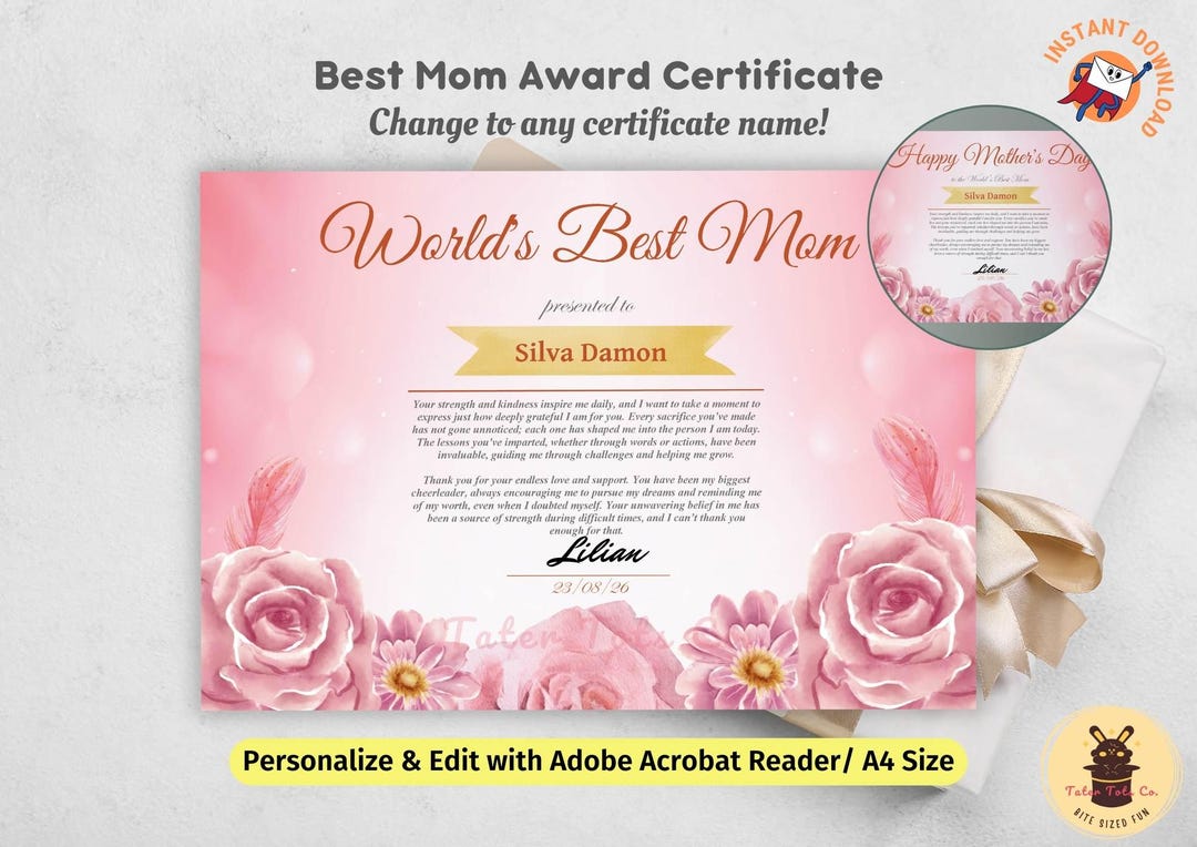 World's Best Mom Award Certificate for Mother's Day, Birthday Gift Cert ...