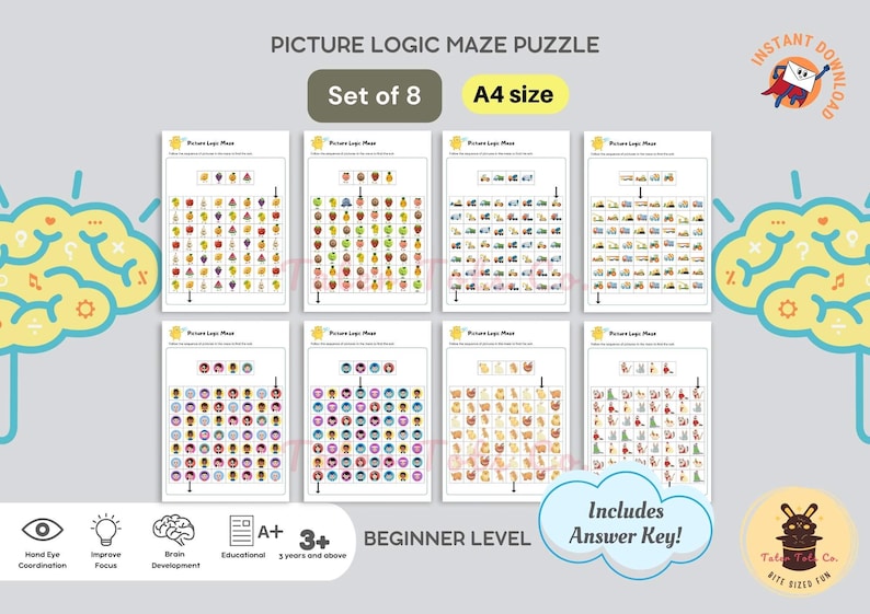Picture Logic Maze Puzzle Beginner Level Set of 8 Engaging Mazes for ...