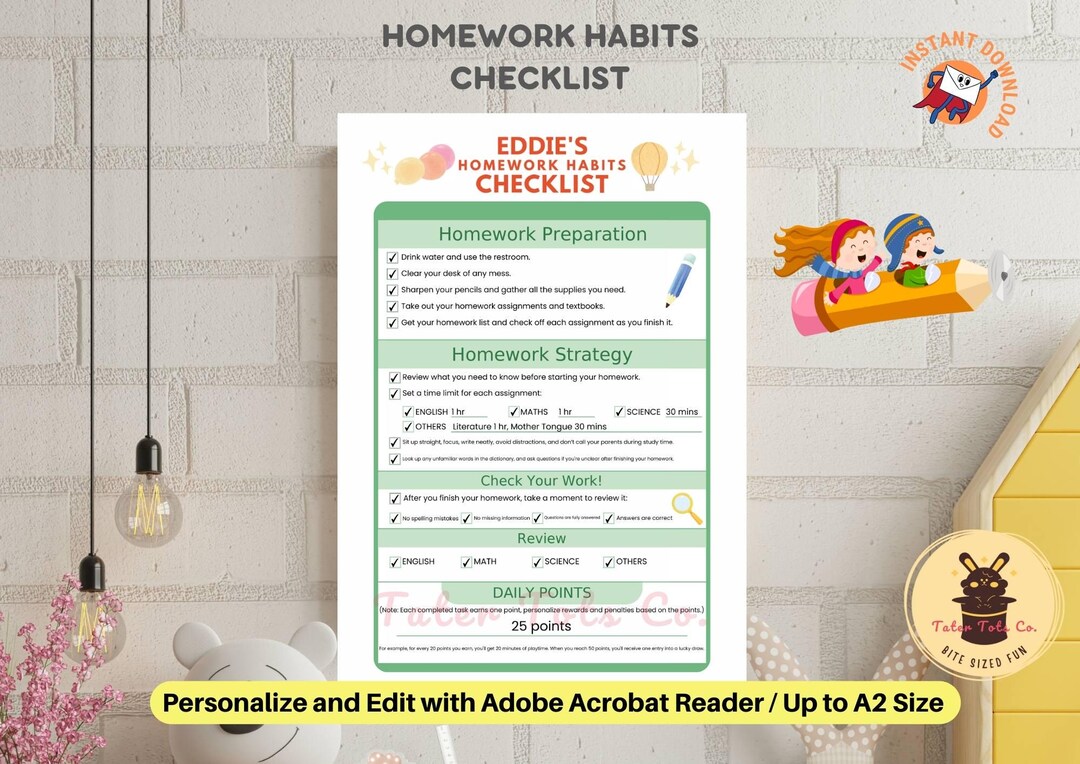 Personalized Editable Homework Habits Checklist Preparation, Strategy ...