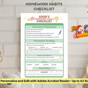 Personalized Editable Homework Habits Checklist Preparation, Strategy ...