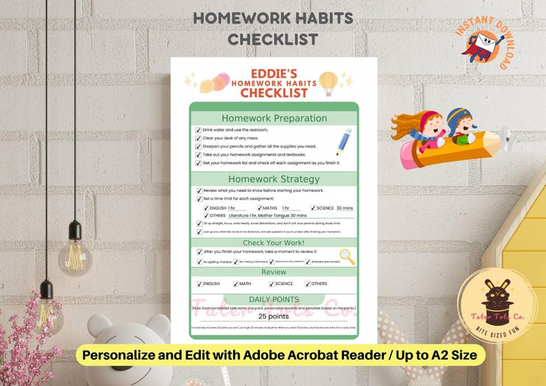 Personalized Editable Homework Habits Checklist Preparation, Strategy ...