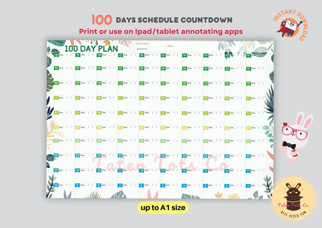 100 Day Challenge Planner | Countdown Schedule Template | Habit Tracker ...