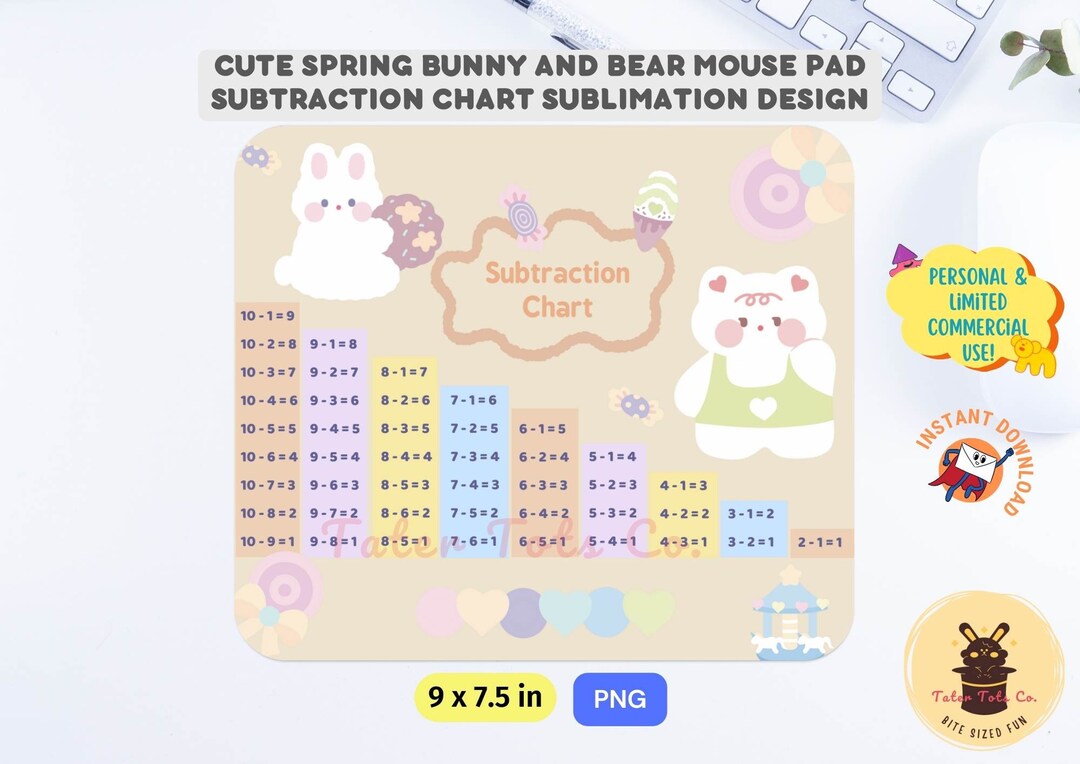 Cute Spring Bunny and Bear, Math Subtraction Numbers Chart Mousepad Png ...