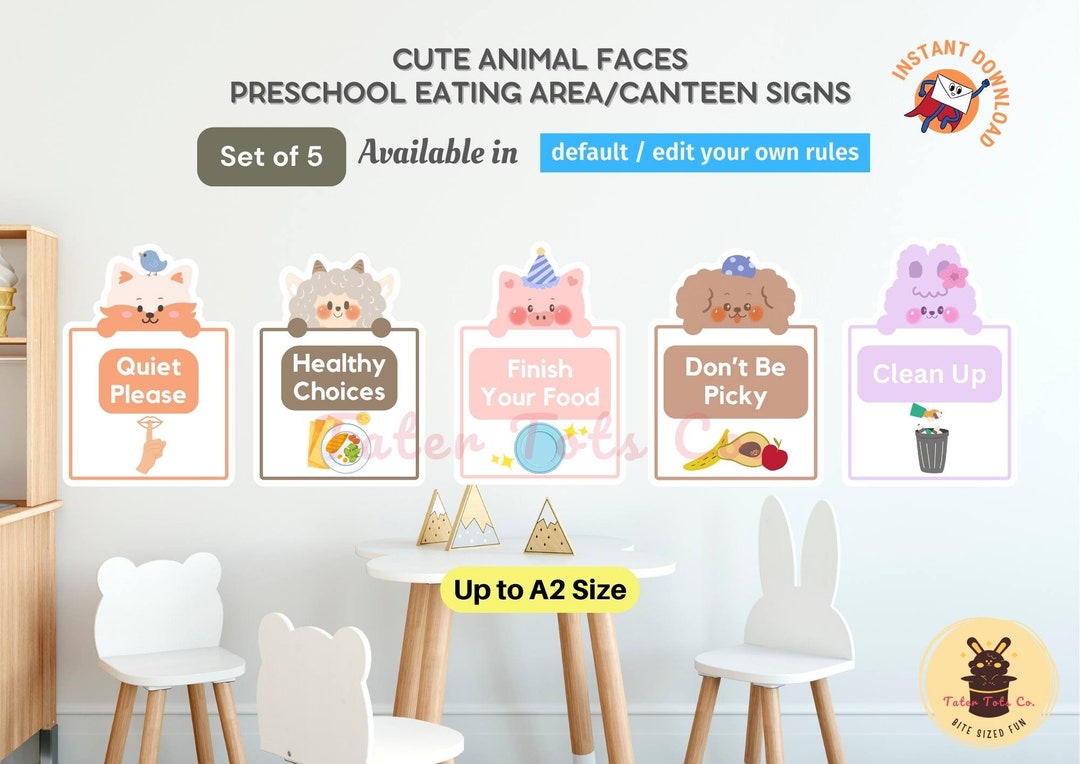 Cute Animal Faces Preschool Rules for Eating Area/canteen Editable ...