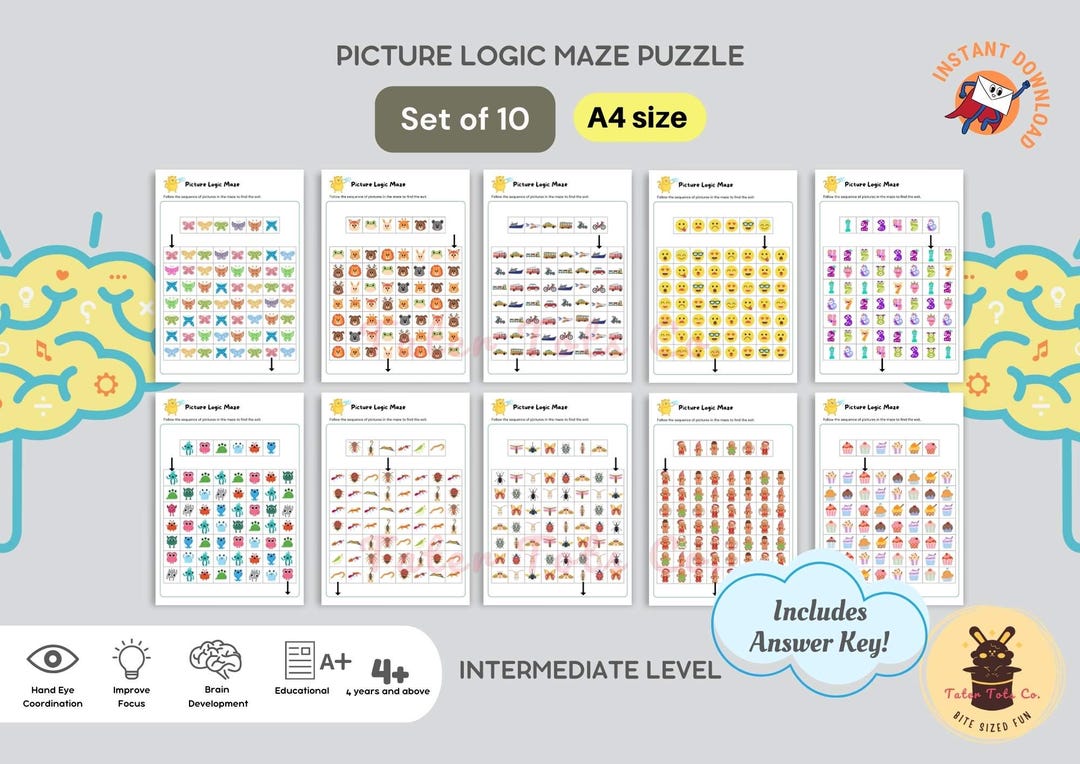 Picture Logic Maze Puzzle Intermediate Level Set of 10 Engaging Mazes ...