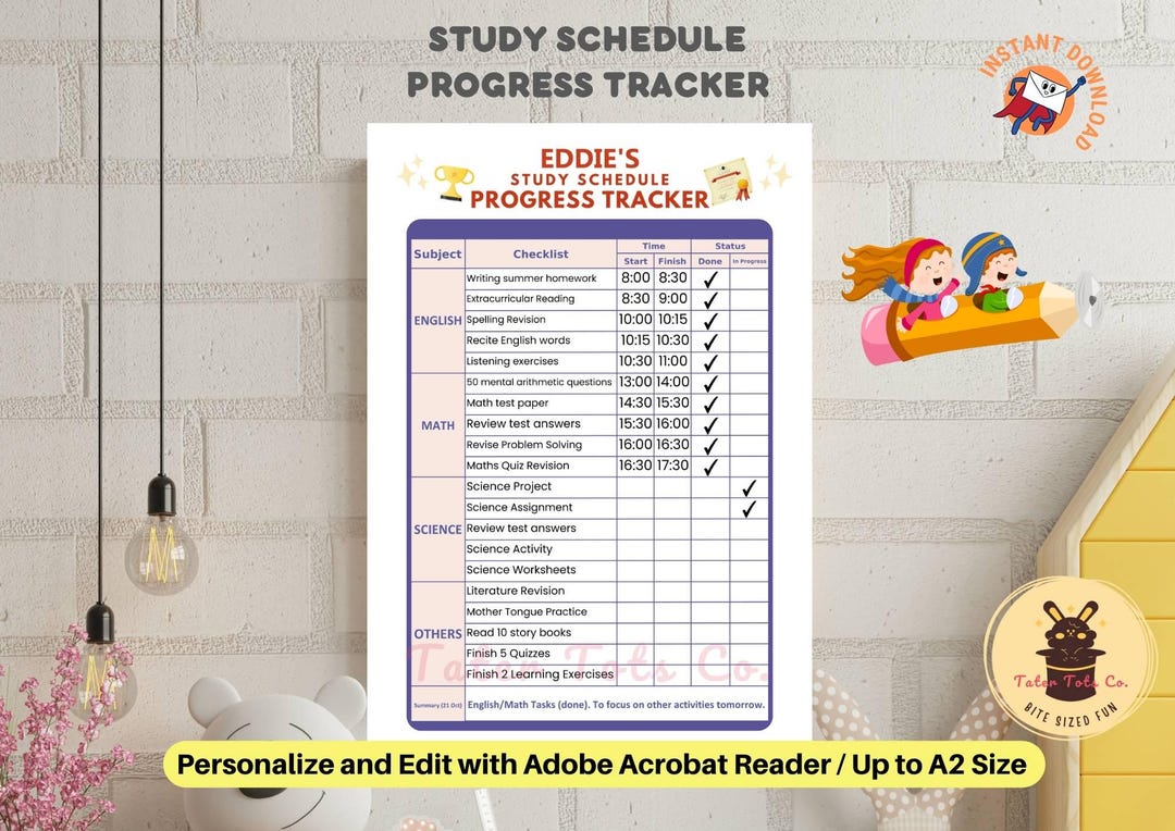 Personalized Editable Study Time Schedule, Task Progress Tracker, and ...