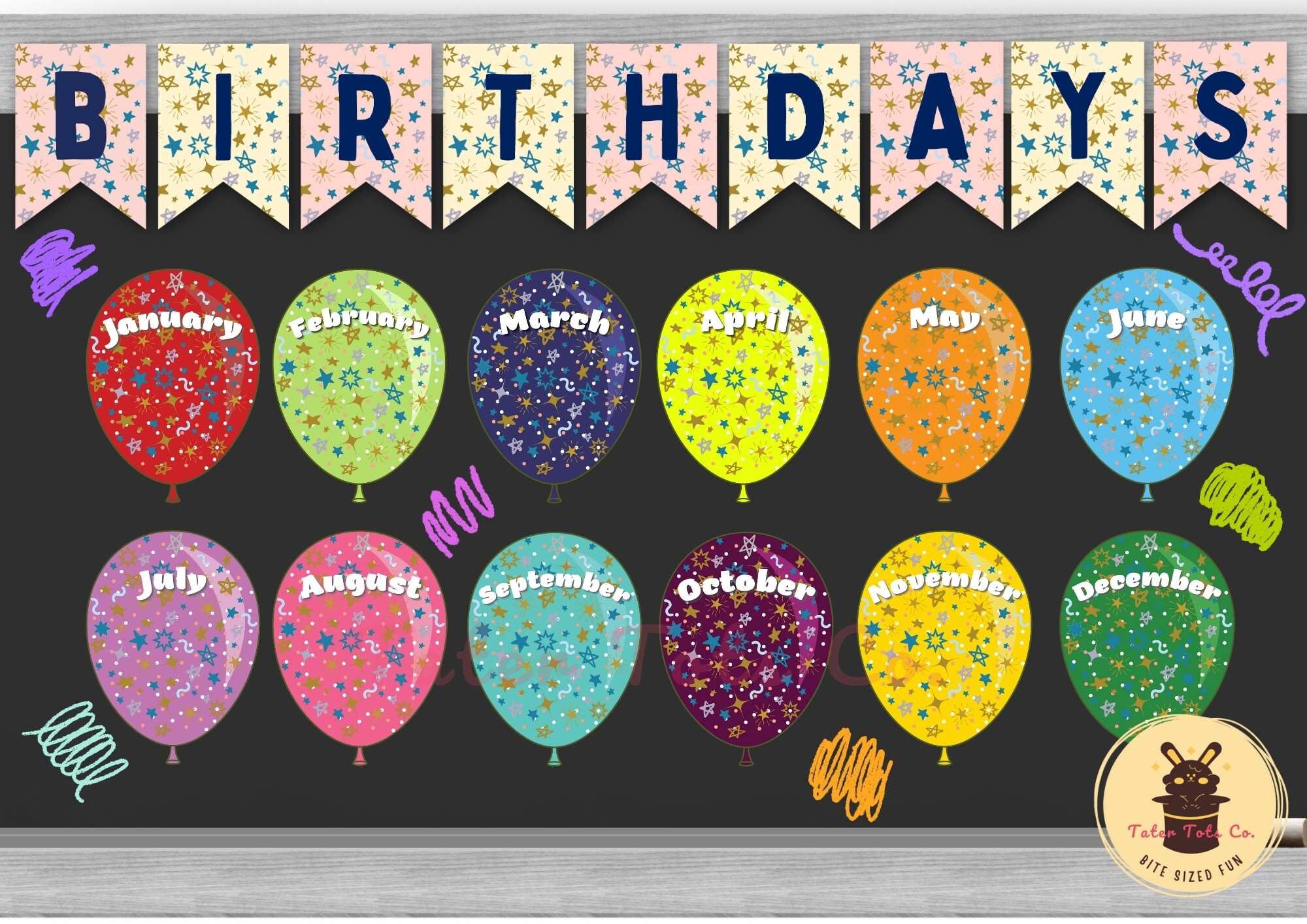 Classroom Birthday List Confetti Rainbow Balloons Bulletin Board With ...