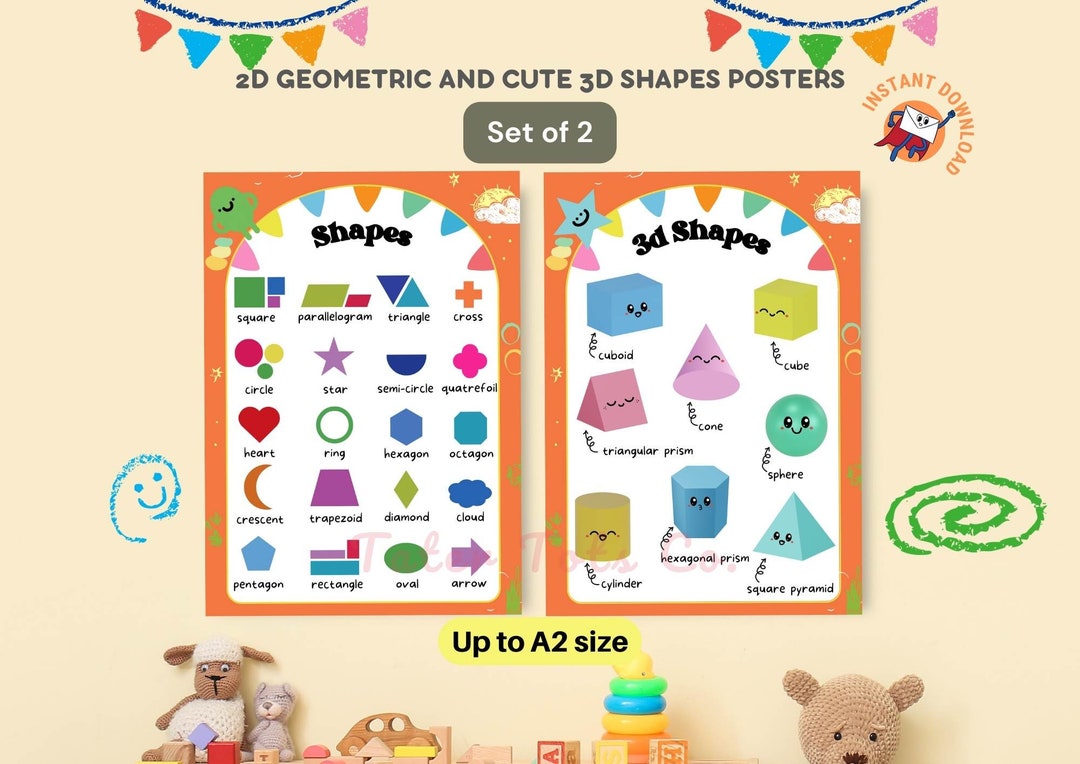 Preschool 2D Geometric and Cute 3D Shapes Educational Posters for ...