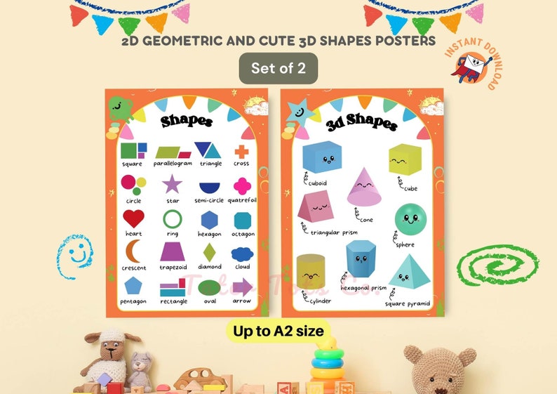 Preschool 2D Geometric and Cute 3D Shapes Educational Posters for ...