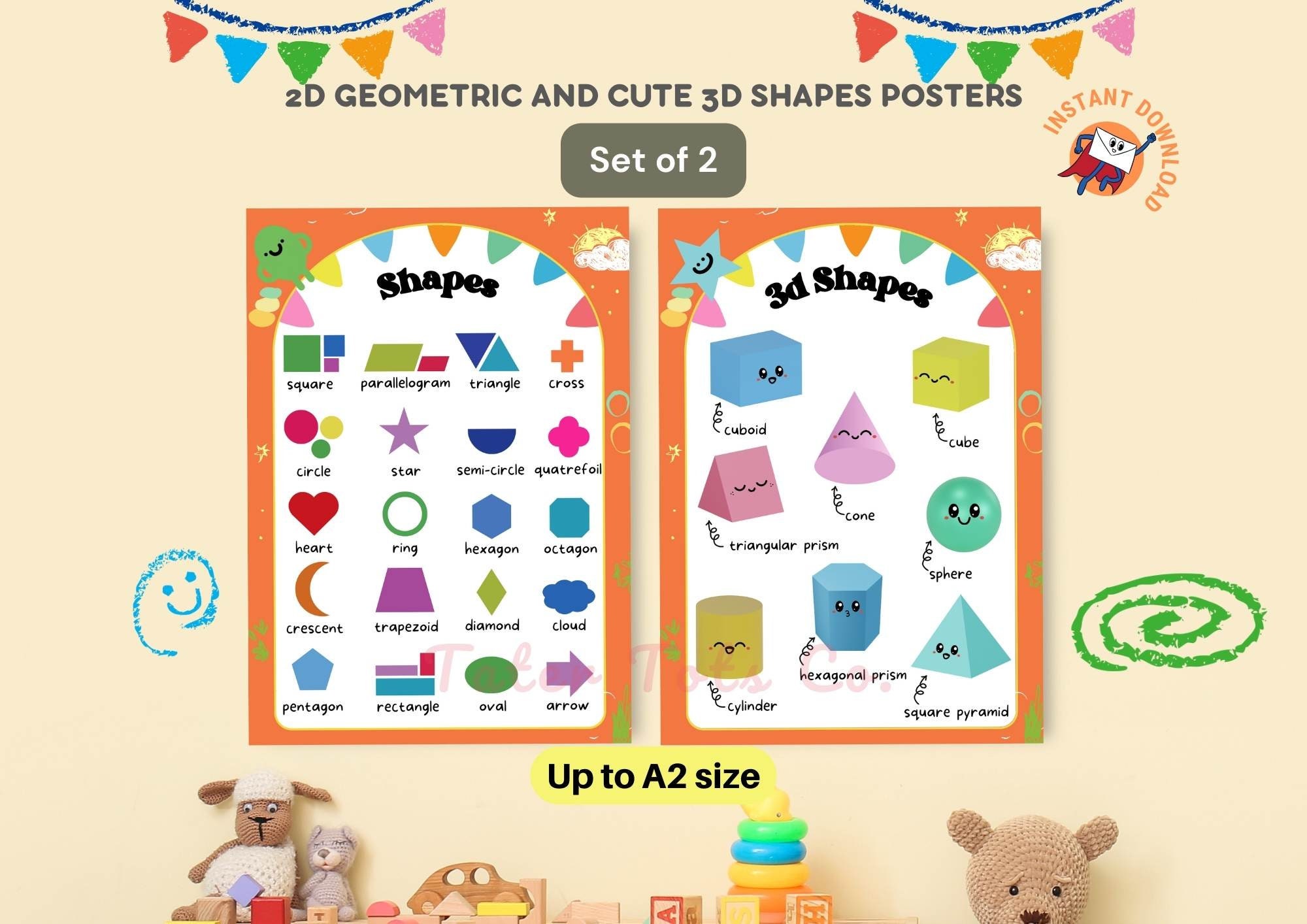 Preschool 2D Geometric and Cute 3D Shapes Educational Posters for ...