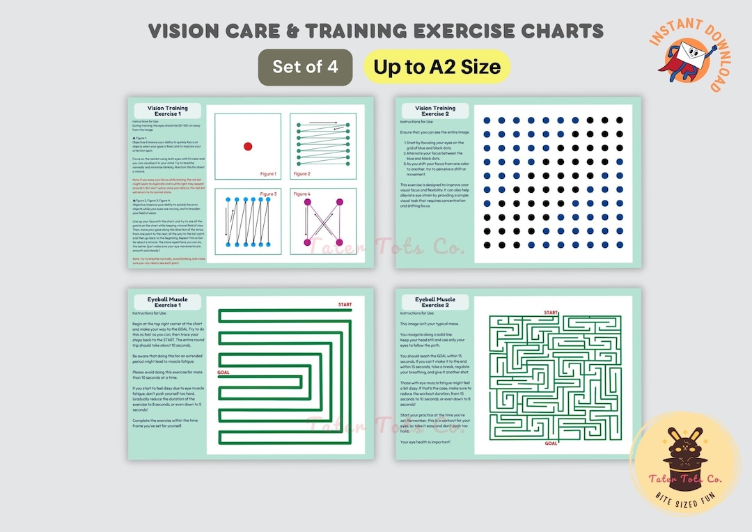 Vision Workout Training Charts Eyeball Eye Muscle Movement Set of 4 ...