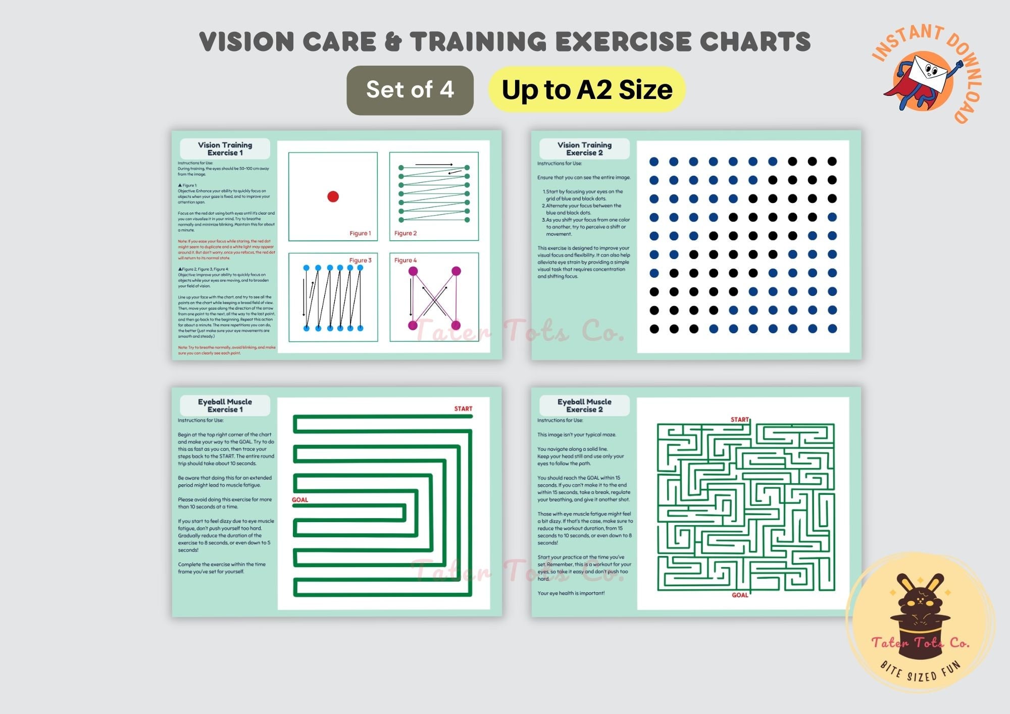 Vision Workout Training Charts Eyeball Eye Muscle Movement Set of 4 ...