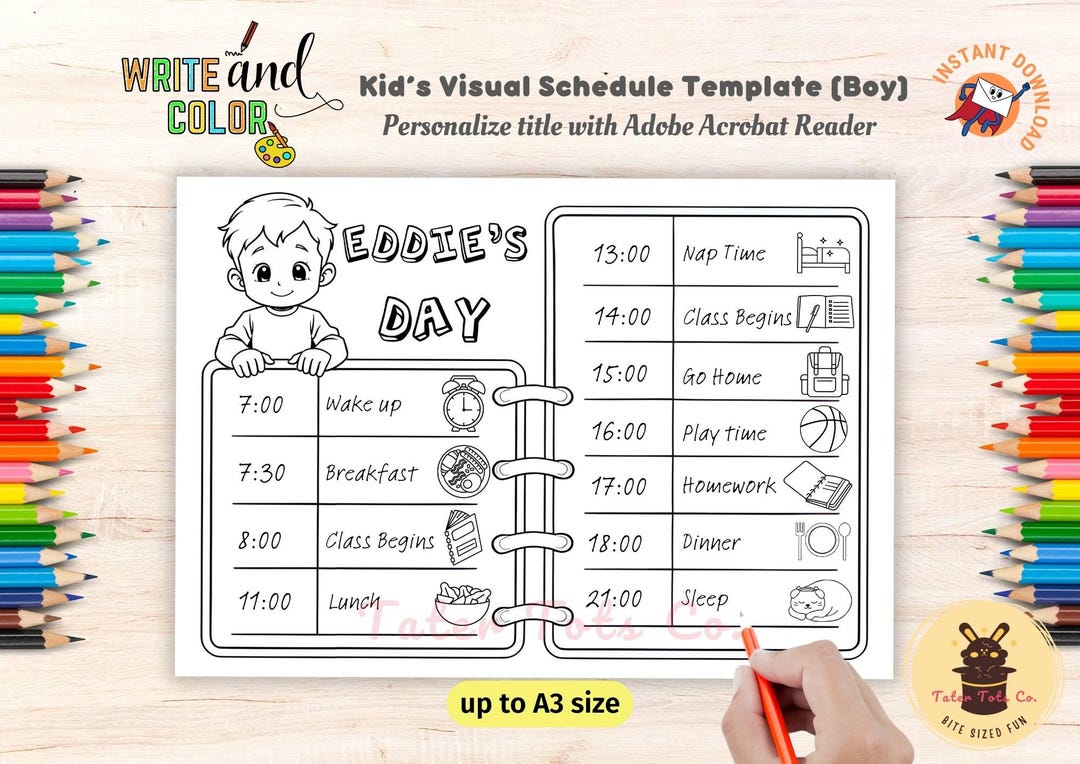 Kid’s Visual Schedule Coloring Page Template (boy) - Personalized Fun ...