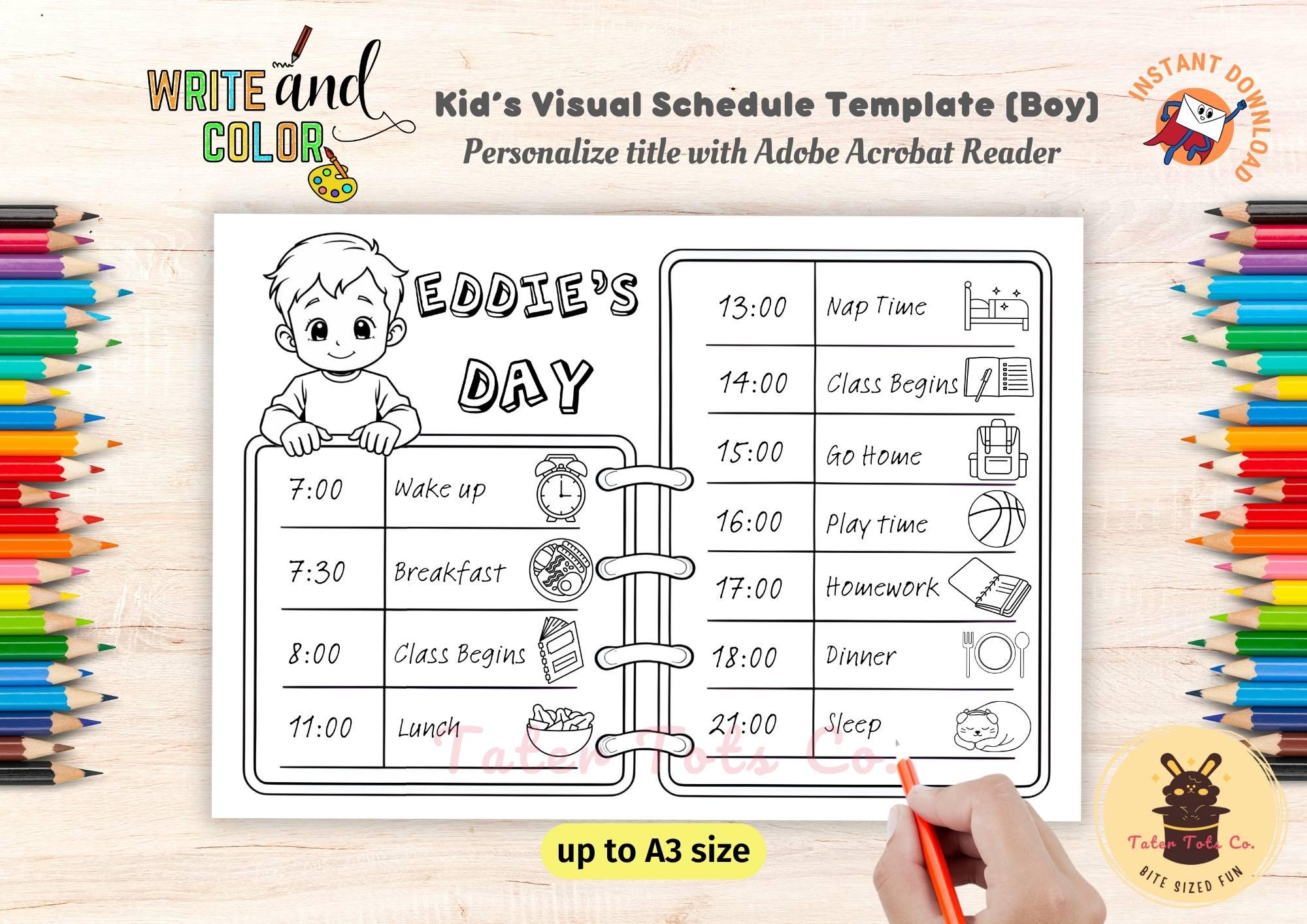 Kid's Visual Schedule Coloring Page: Editable Boy's Daily Routine (PDF ...
