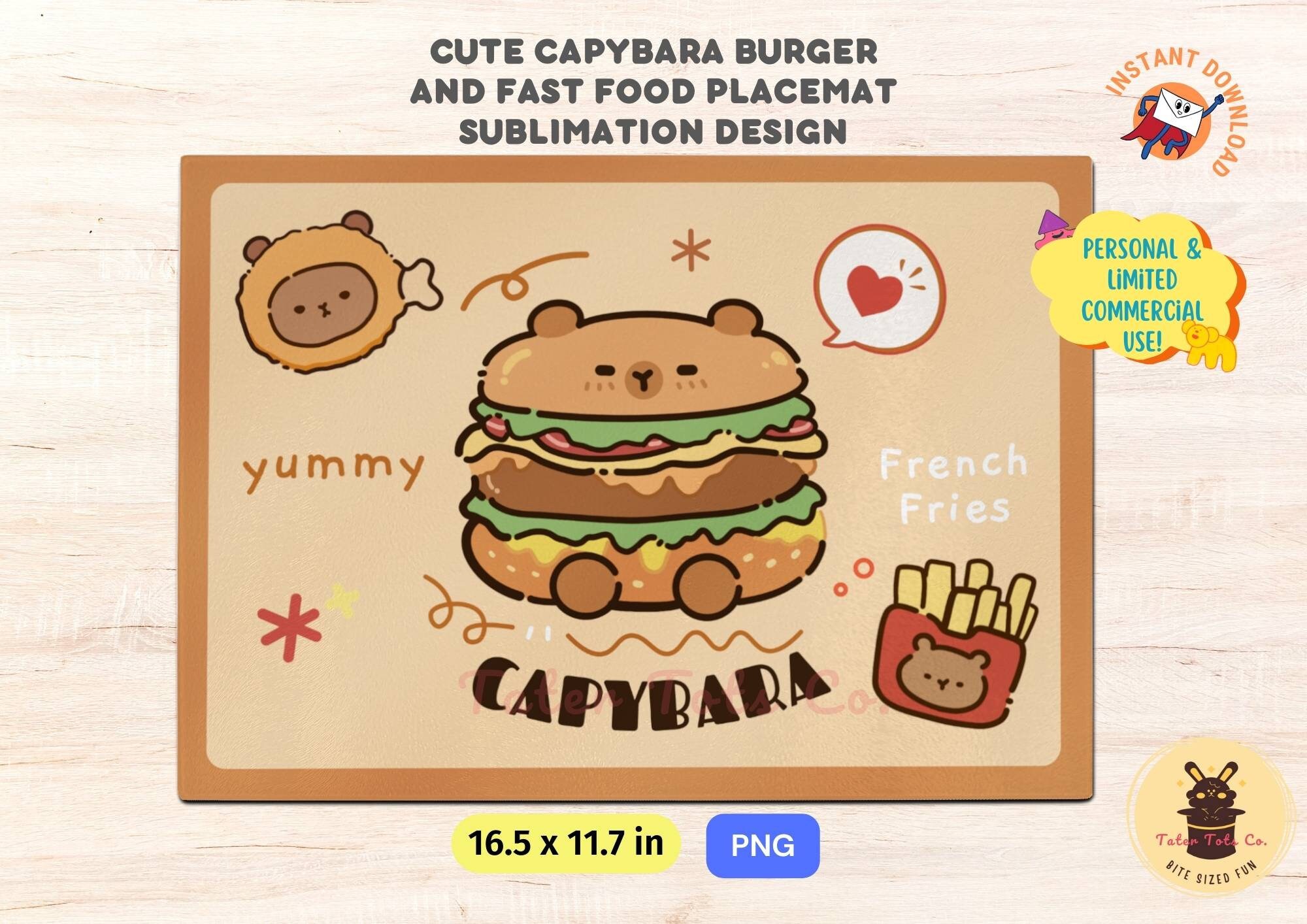 Cute Capybara Burger and Fast Food Placemat Dining Table Mat Hand Drawn ...