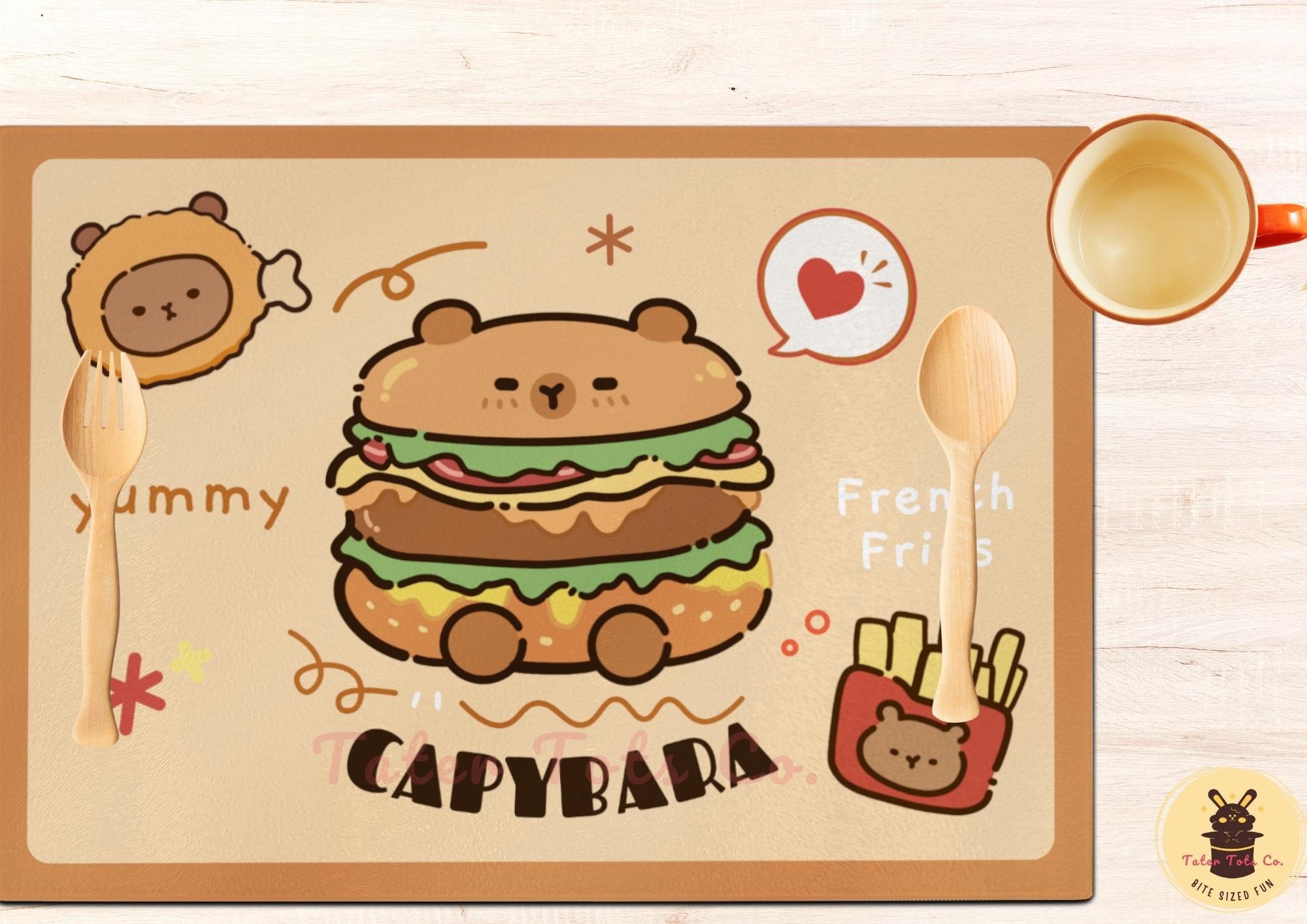 Cute Capybara Burger and Fast Food Placemat Dining Table Mat Hand Drawn ...