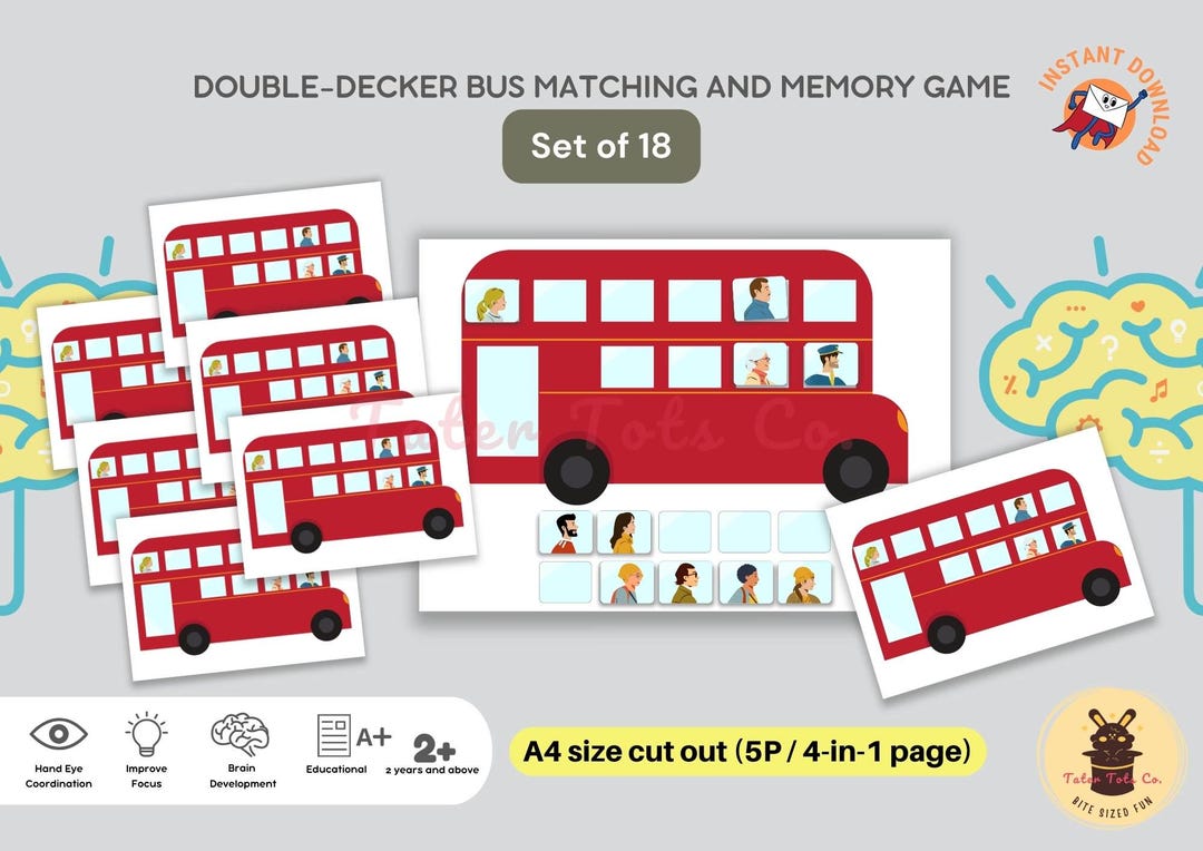Double-decker Bus Matching Game: Preschool Memory Puzzle (PDF Download ...