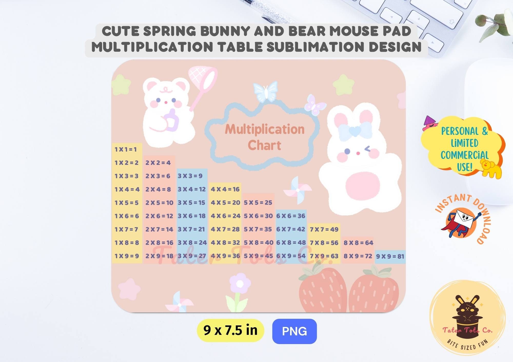 Cute Spring Bunny and Bear, Math Multiplication Numbers Chart Mousepad ...