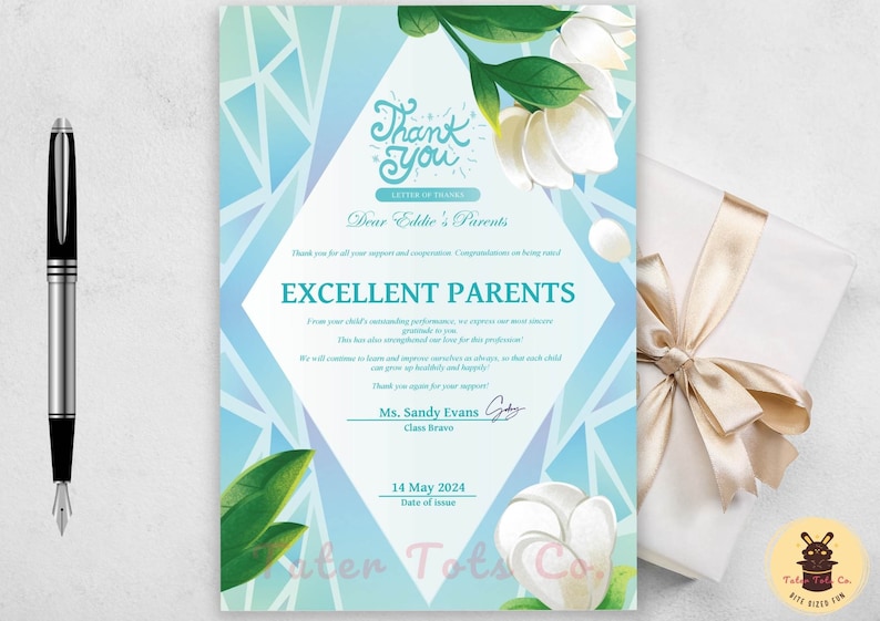 Parents Appreciation Thank You Letter and Awards Certificate for School ...