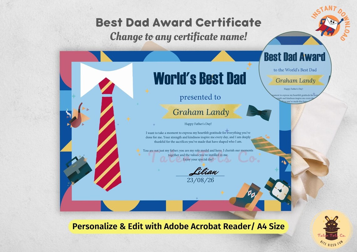 Best Dad Award Certificate - World's Best Father, Father's Day Gift ...