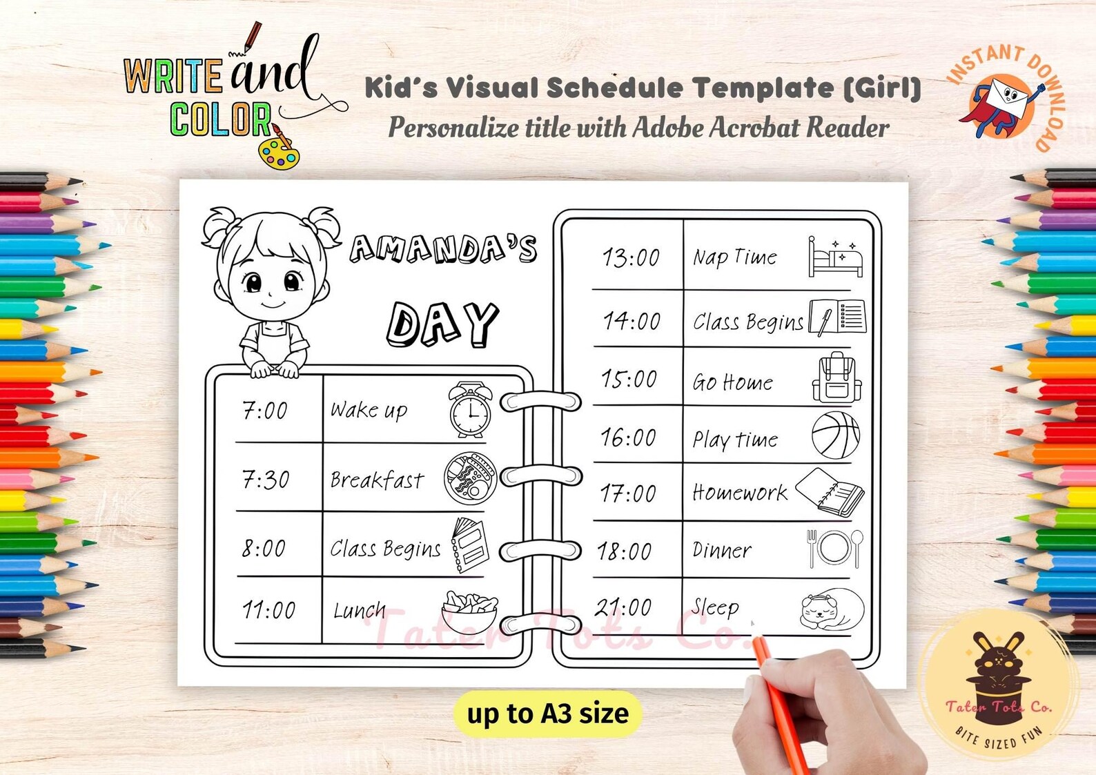 Girl's Visual Schedule Coloring Page: Editable Task Chart (PDF Download ...