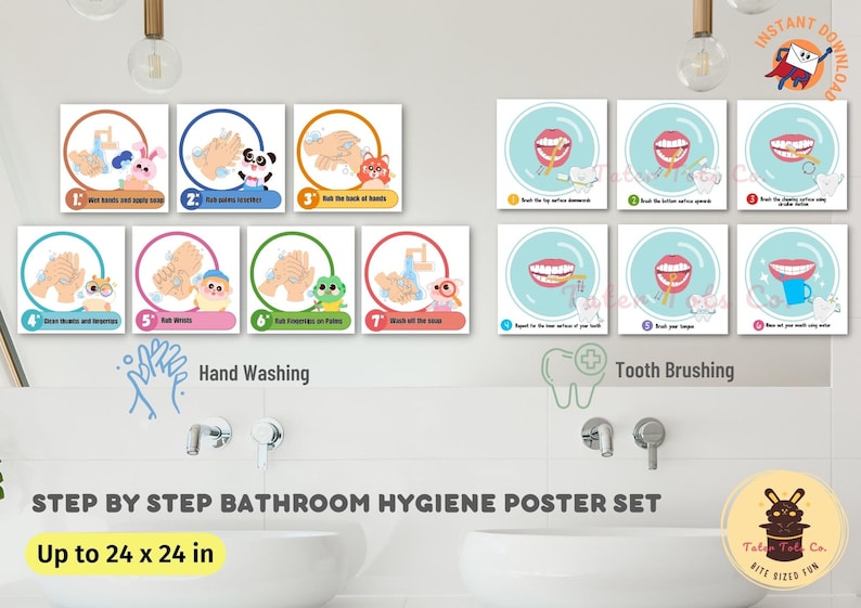 Step-by-step Kids Hygiene Posters for Tooth Brushing and Hand - Etsy
