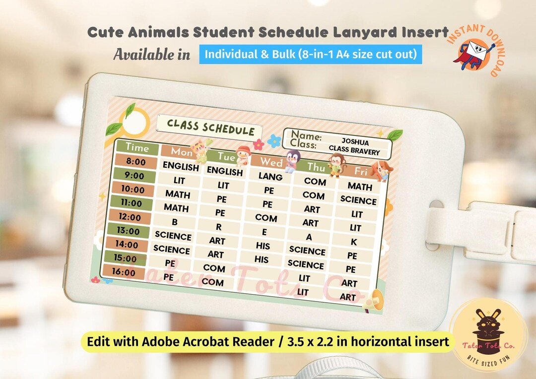 Printable Cute Animals Class Schedule: Weekly School Timetable Lanyard ...