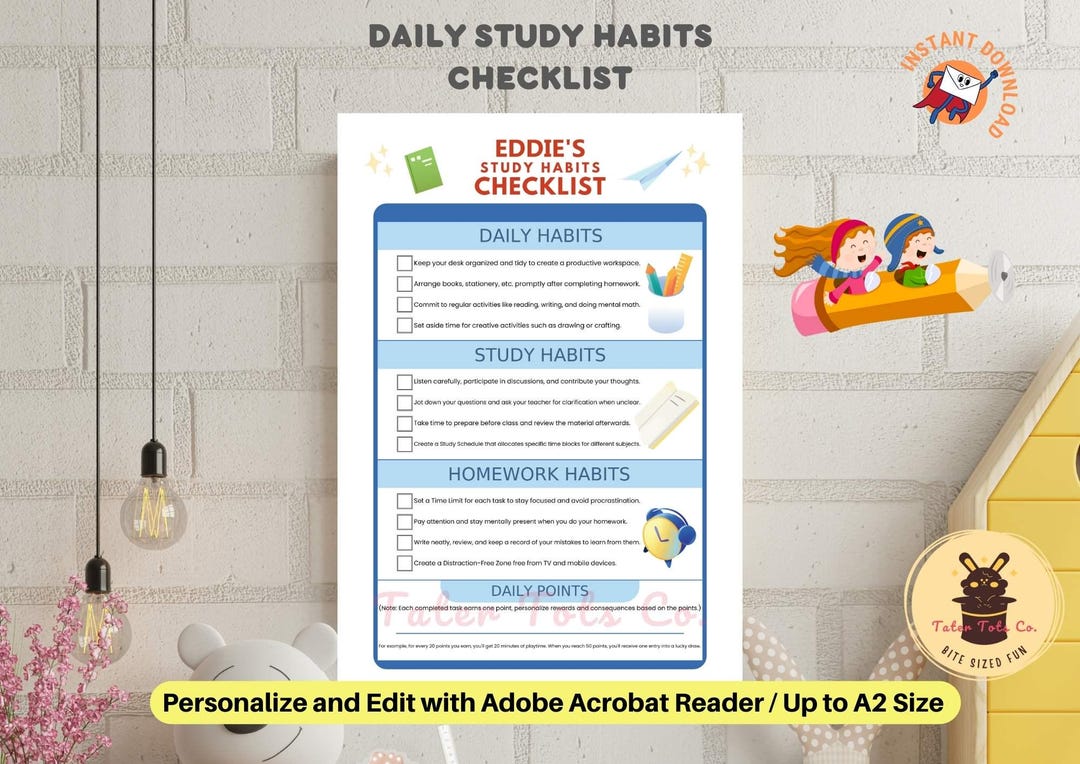 Personalized Editable Study Habits Checklist for Elementary Students ...