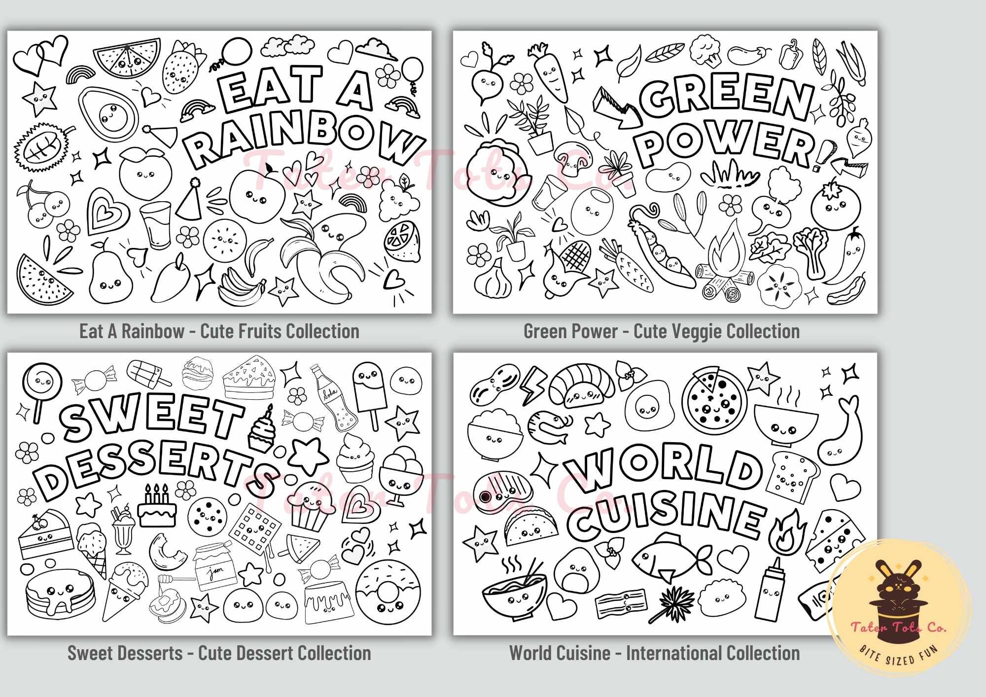 Large Coloring Sheets Bundle Cute Food Doodle Patterns Kids Activity ...