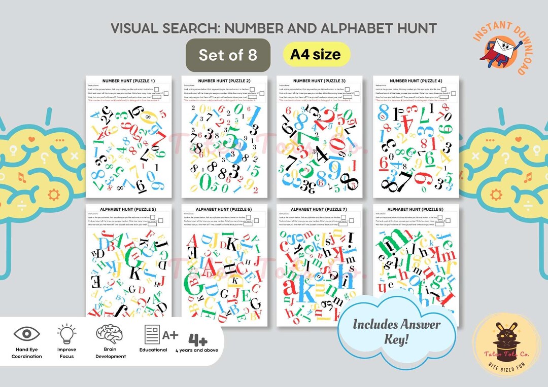 Number and Alphabet Visual Search Puzzles: Kids Learning Activity (PDF ...