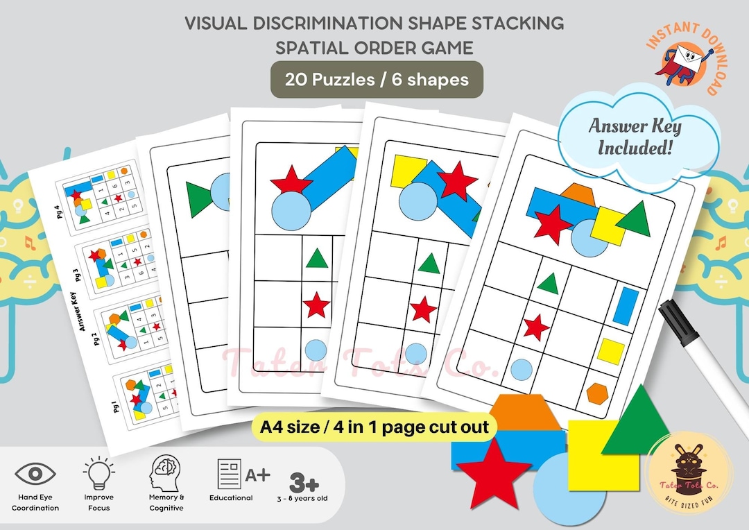 Visual Discrimination Shapes Stacking Activity Sheets Spatial Order and ...