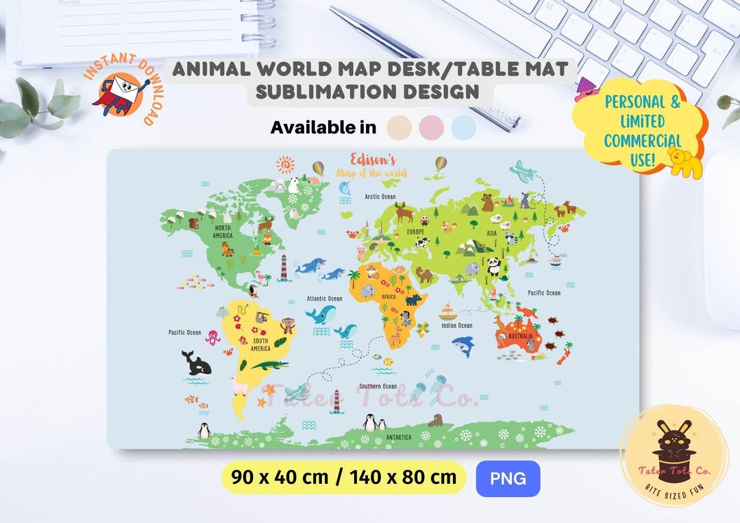 Personalized Cute Animal World Map for Kids Custom Desk Mat Sublimation ...