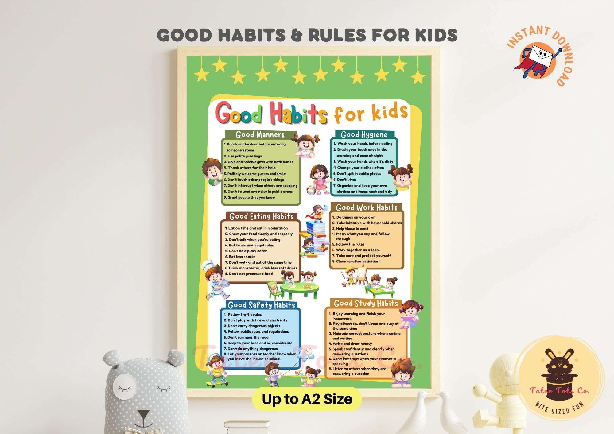 Colorful Children's Good Habits Poster Daily Routine and Manners Guide ...