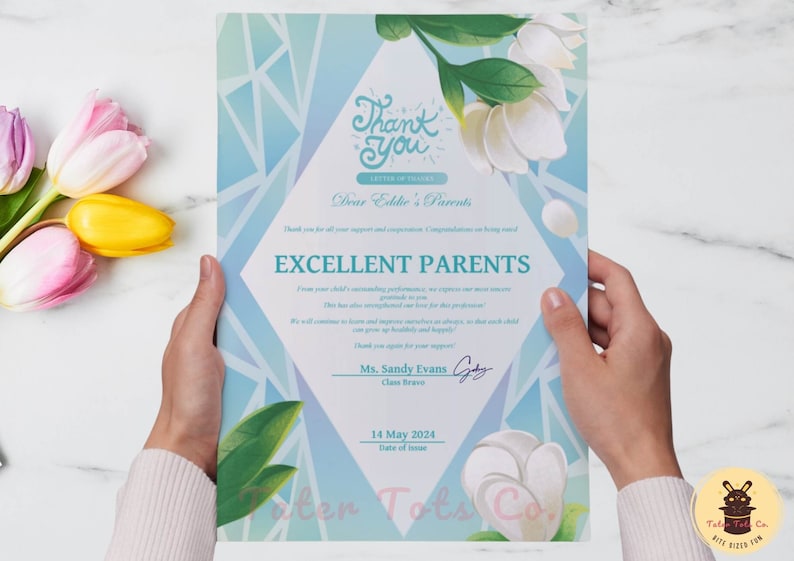 Parents Appreciation Thank You Letter and Awards Certificate for School ...