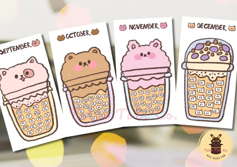 Printable 12 Months Savings Challenge: Cute Bubble Tea Animals Hand ...