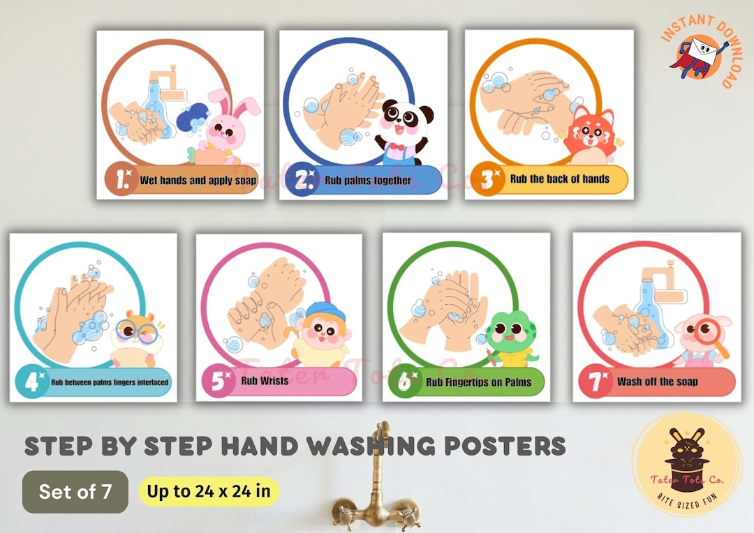 7 Step Wash Hands Sign For Preschool Toilet Training And Instructions