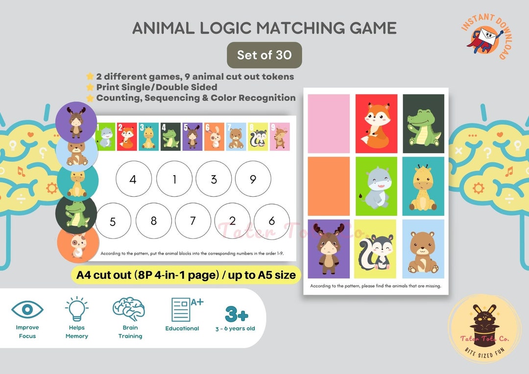 Animal Logic Matching Numbering Sequence Flash Card Game - Preschool ...