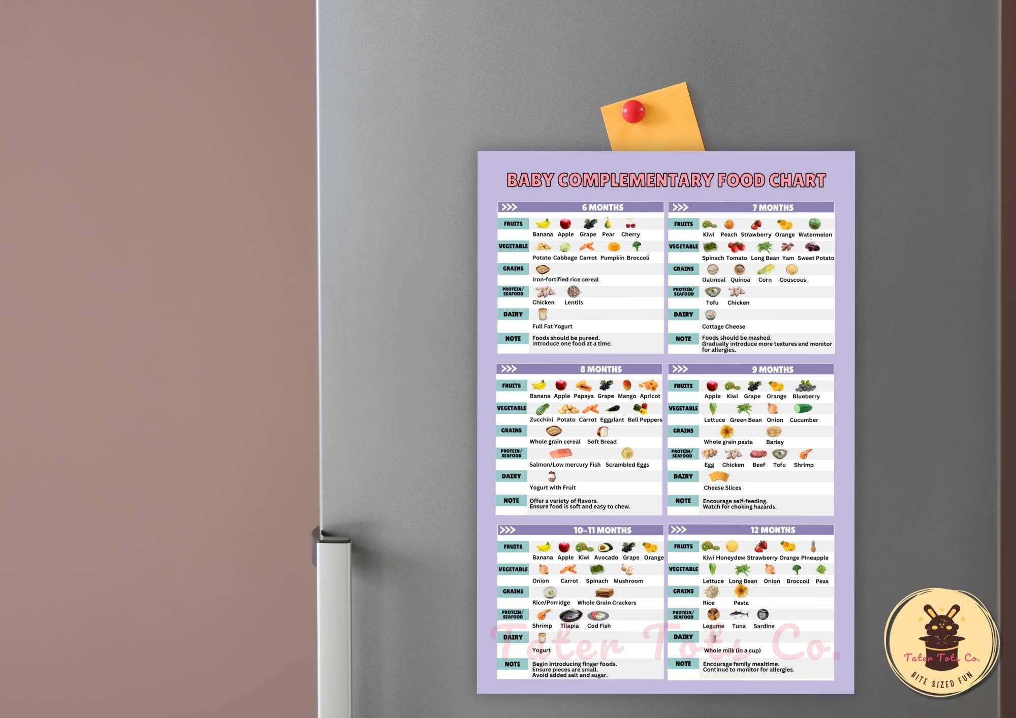 Baby Complementary Food Introduction Chart Feeding Guide for 6-12 ...