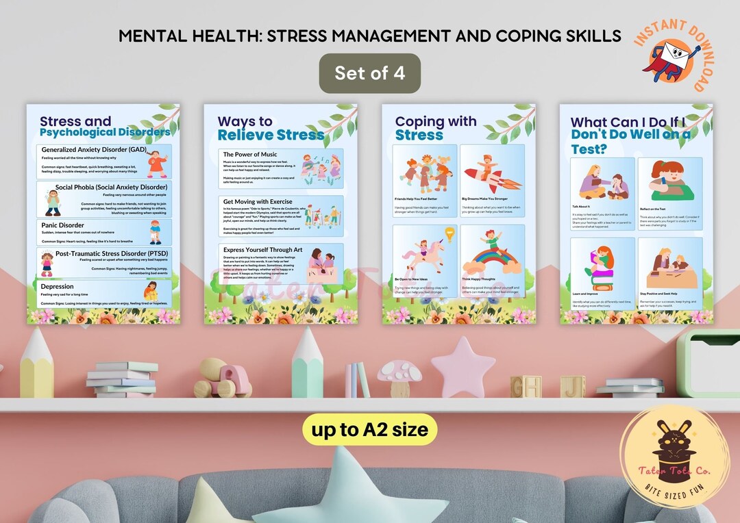 Mental Health Posters: Stress Management, Coping Skills (set of 4) (PDF ...