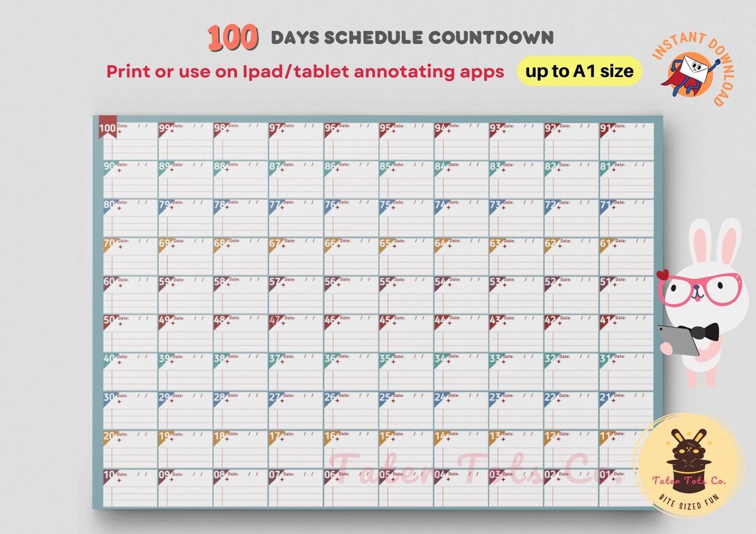100 Day Challenge Planner Countdown Schedule Template Habit Tracker ...