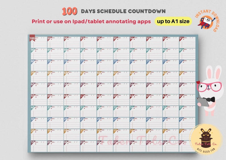 100 Day Challenge Planner Countdown Schedule Template Habit Tracker ...