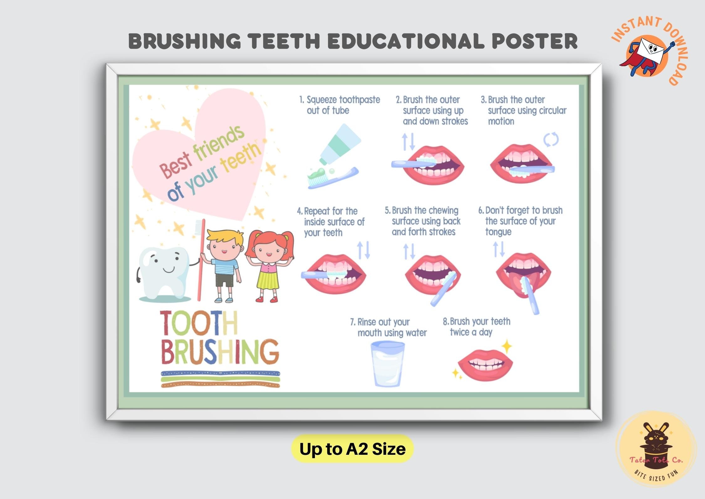 Brushing Teeth Poster Dental Hygiene Educational Poster, Toddler ...