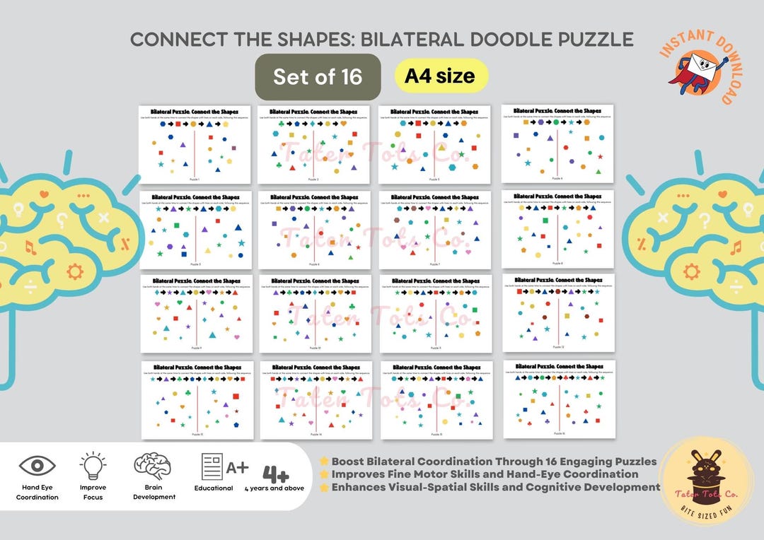Bilateral Puzzle Connect the Shapes - Set of 16 Brain Game: Fine Motor ...