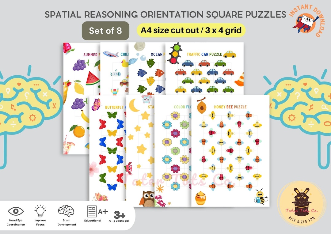 Printable 3x4 Square Grid Puzzle Patterns - Set of 8 Bundle | Brain ...