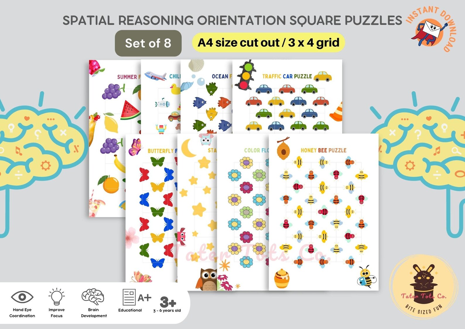 Printable 3x4 Square Grid Puzzle Patterns - Set of 8 Bundle | Brain ...