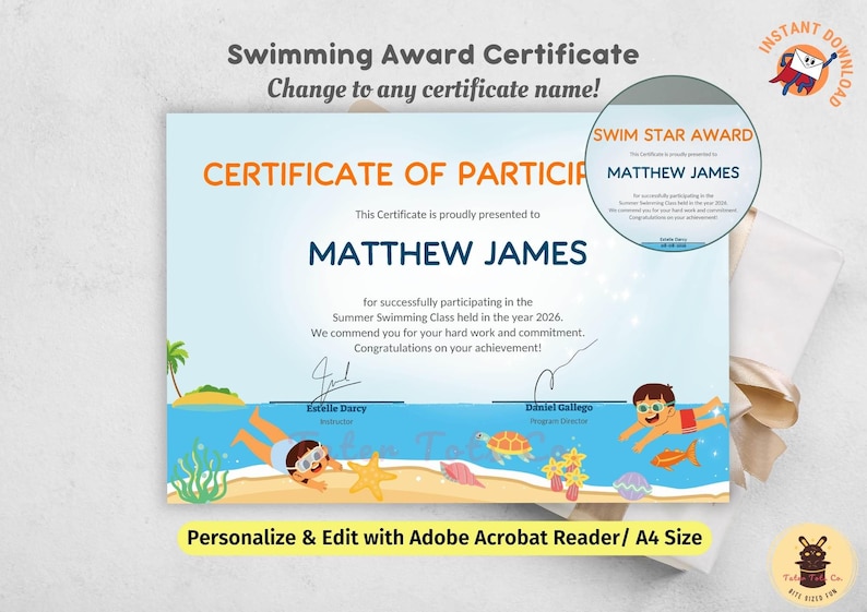 Swimming Award Completion Certificate, Skill Achievements, Safety ...