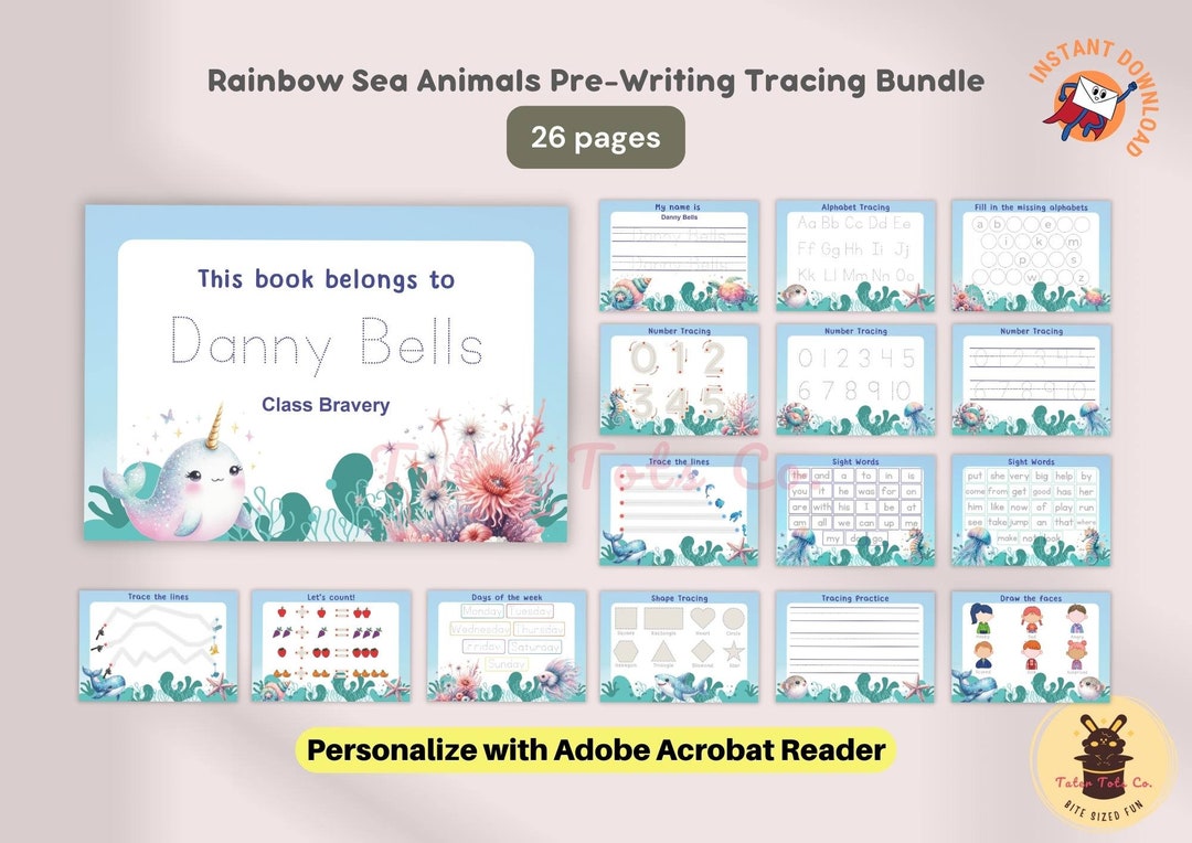 Personalized Rainbow Sea Animals Handwriting Practice (digital Download ...